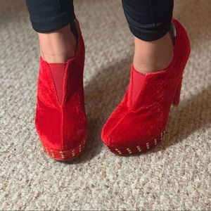 Shoes | Red And Gold Sexy Velvet Booties | Poshmark